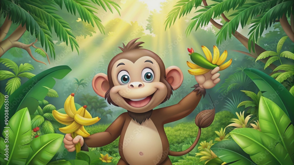 Cheerful cartoon monkey holding bananas in jungle setting, monkey ...