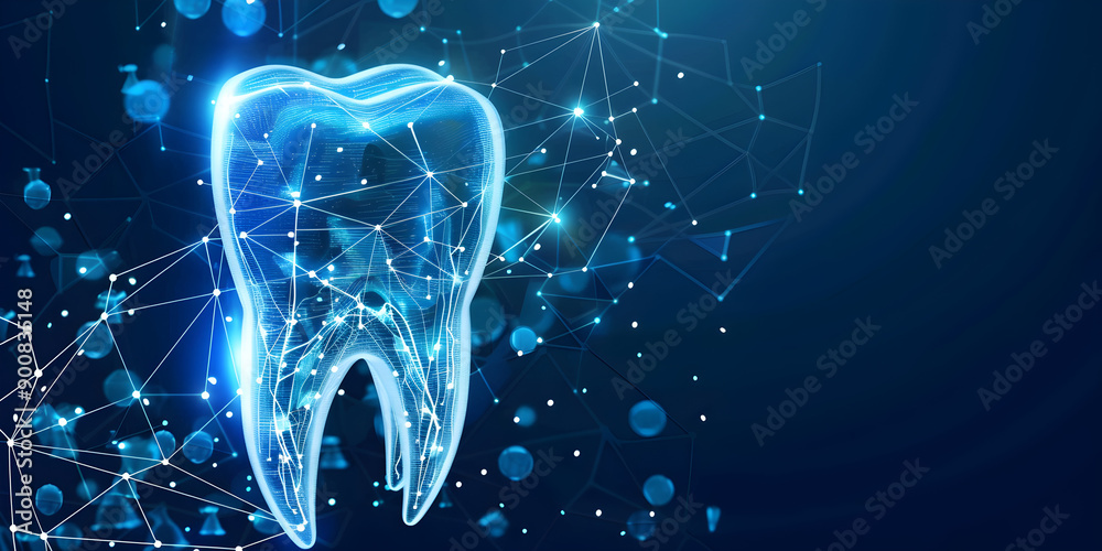 digital tooth illustration, connected network lines, dental technology ...