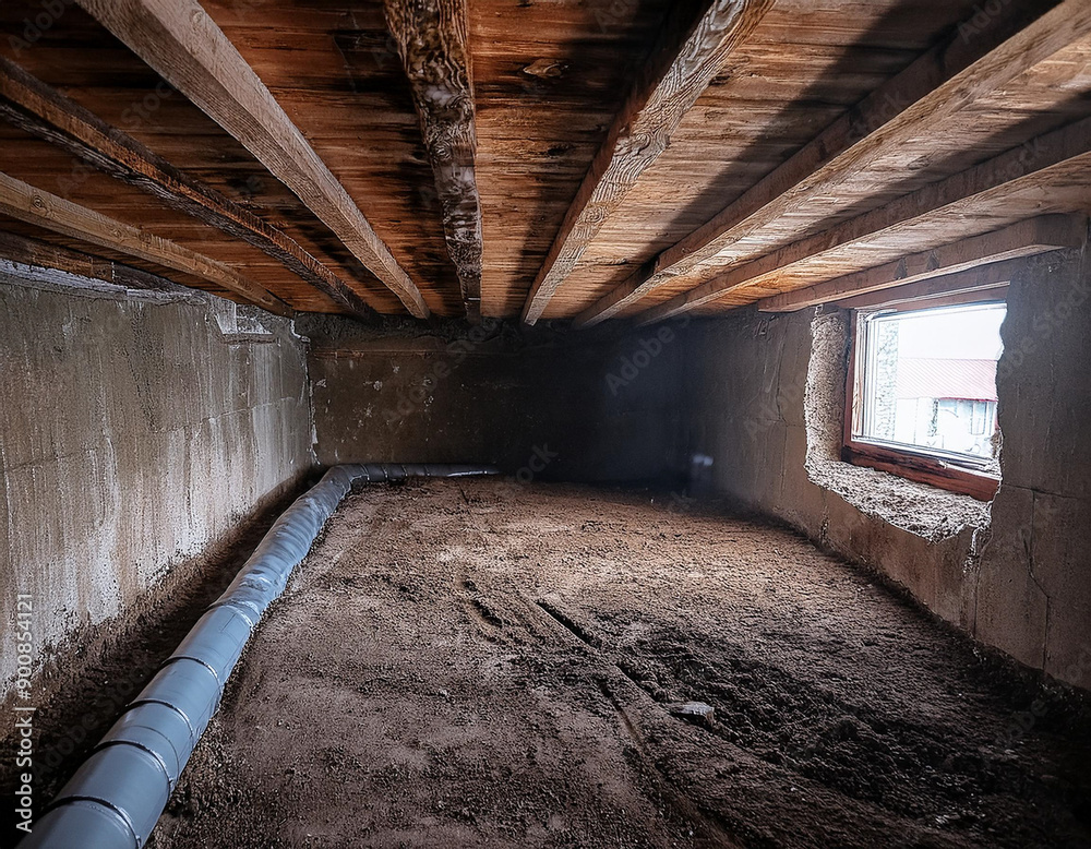 Crawlspace interior with a dirt surface and visible pipework ...