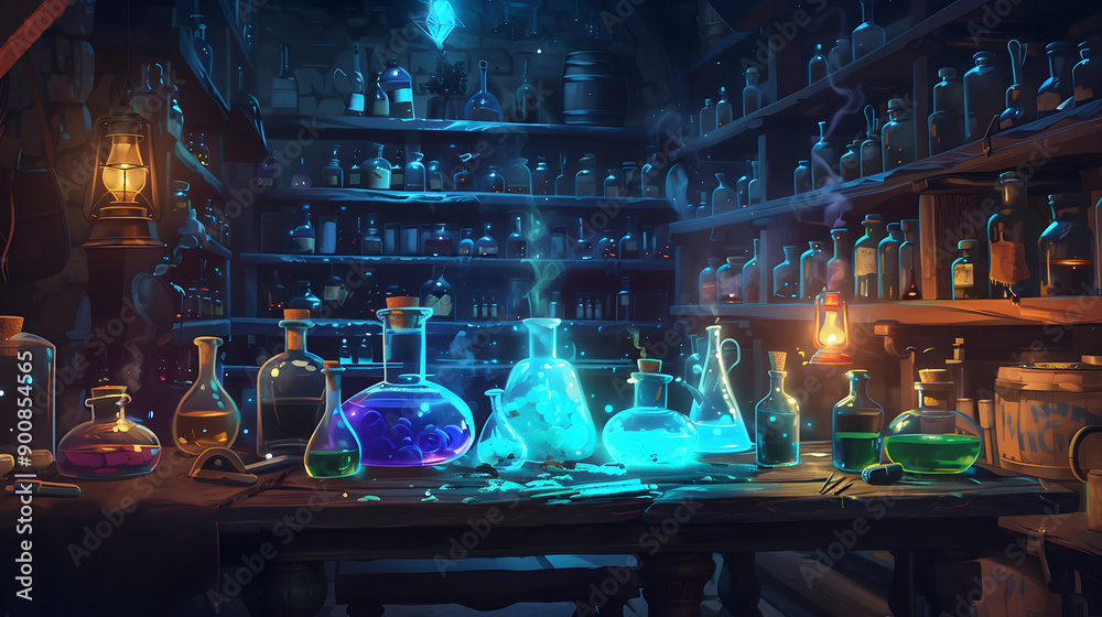 Mystical laboratory filled with bubbling potions, glowing vials, and ...