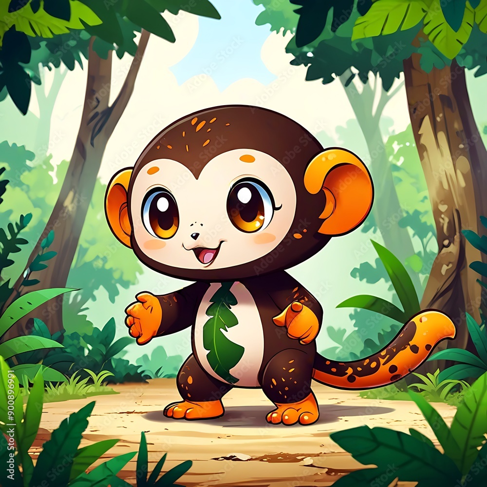 Cute orange monkey cartoon with big eyes in jungle. Suitable for ...