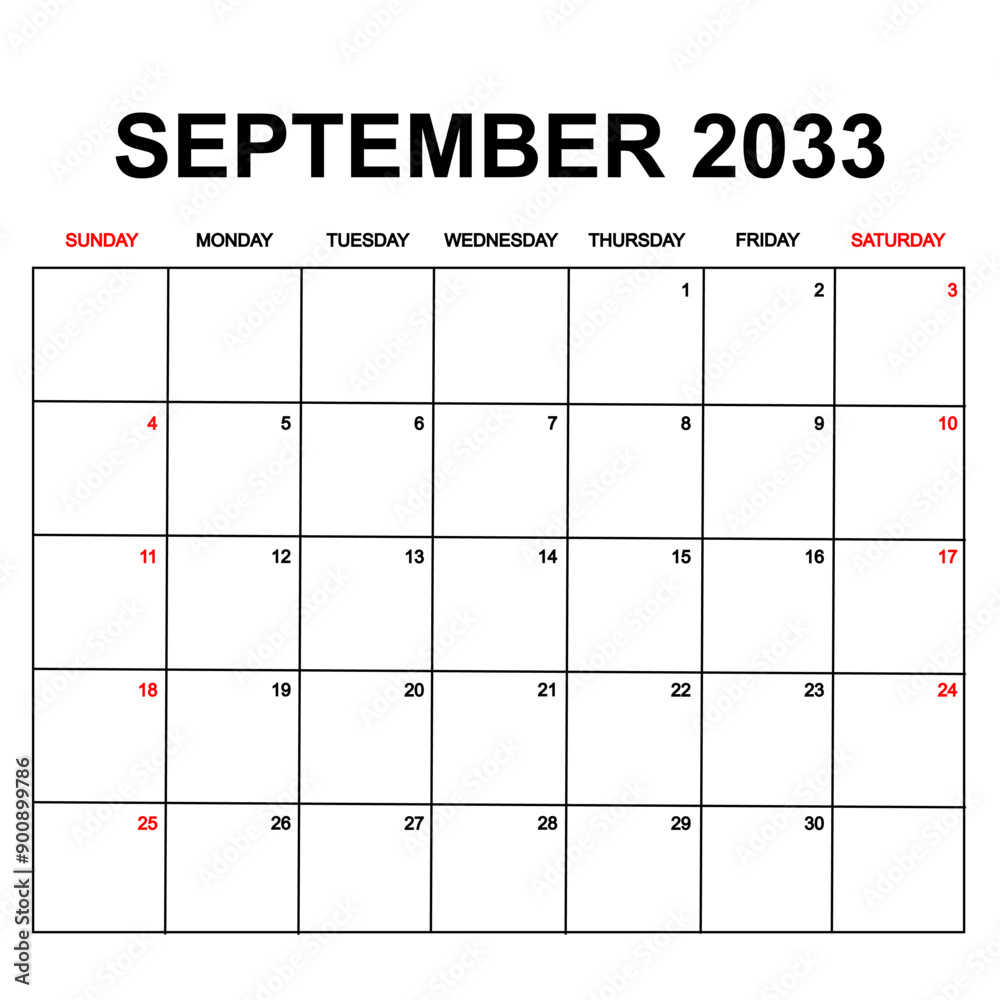 september 2033. Calendar with holydays or red dates. monthly calendar ...