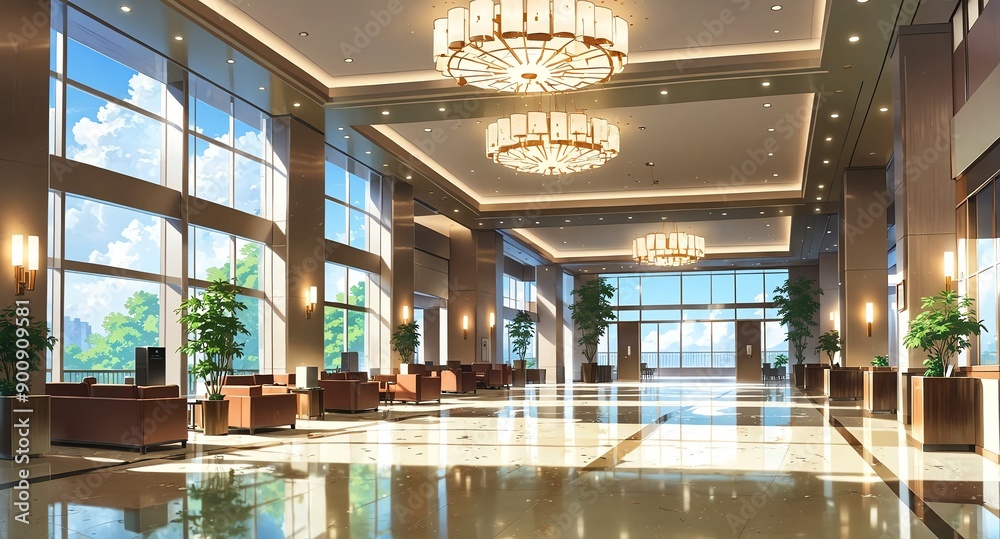 white theme luxury hotel lobby background anime cartoon illustration ...