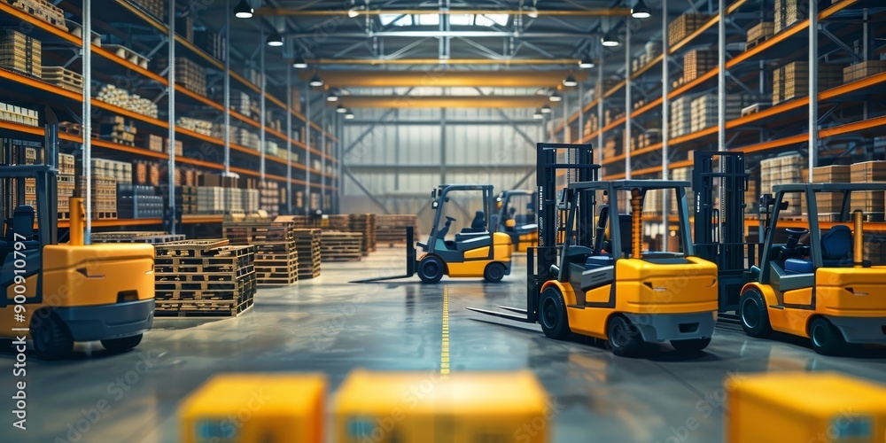 An industrial storage facility with rows of pallets and forklifts ...