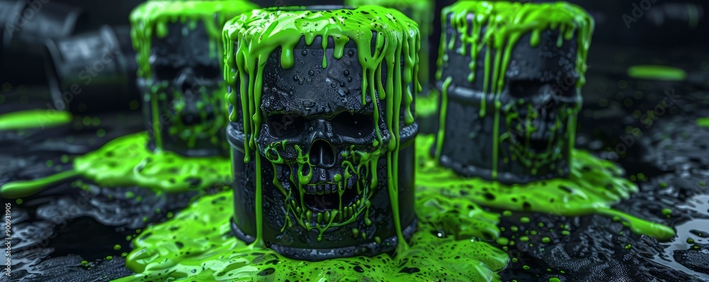 Mysterious green slime oozes from black containers adorned with skulls ...