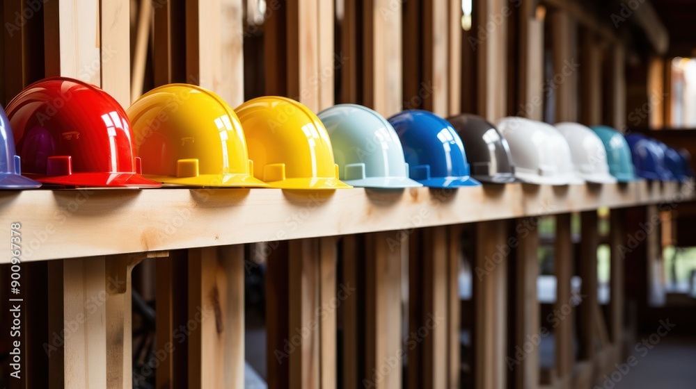 Rows of colorful structured safety helmets line up neatly on a shelf ...