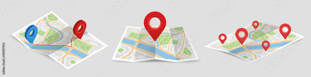 Set of maps with pin. Icons with folded city map and red direction ...