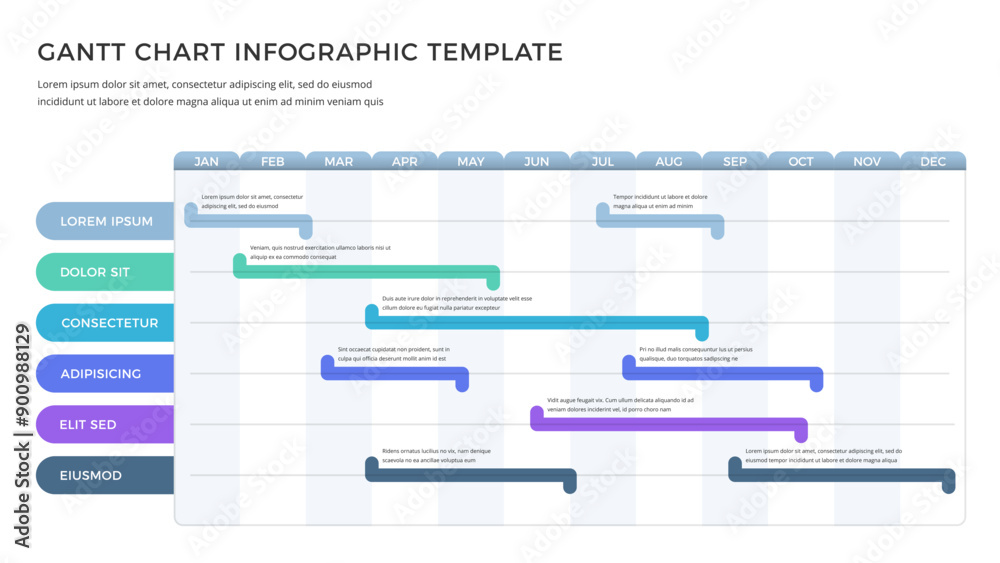 Project timeline infographic template with 6 tasks, gantt chart, vector ...