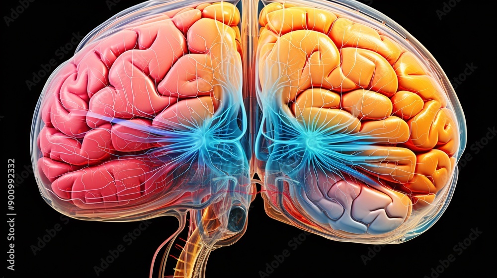 An MRI scan of a human brain with different areas highlighted in color ...