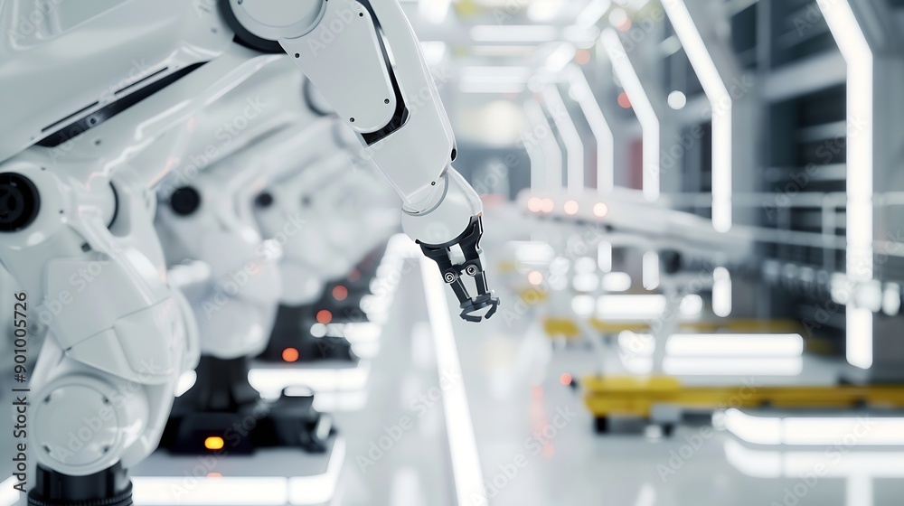 Row of White Robotic Arms at Automated Production Line at Bright Modern Factory Industrial Robot ...