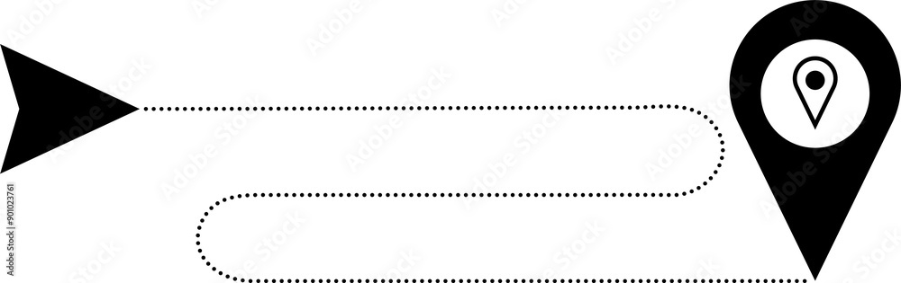 Route location icon, two pin signs and dotted road line, path start and ...