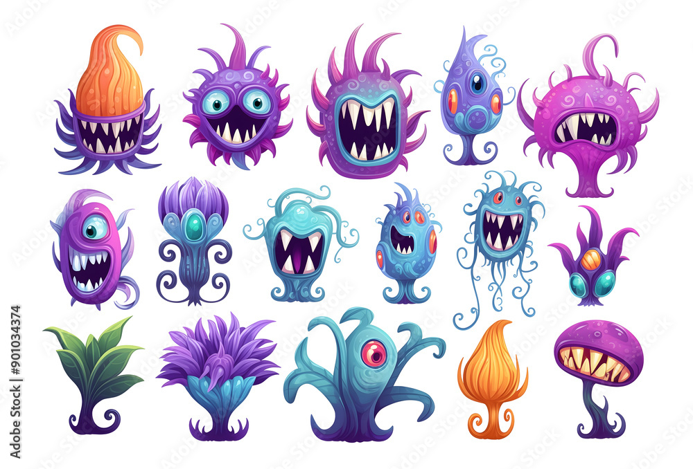 Mystical Plant Creatures With Teeth And Tentacles. Illustration on the ...