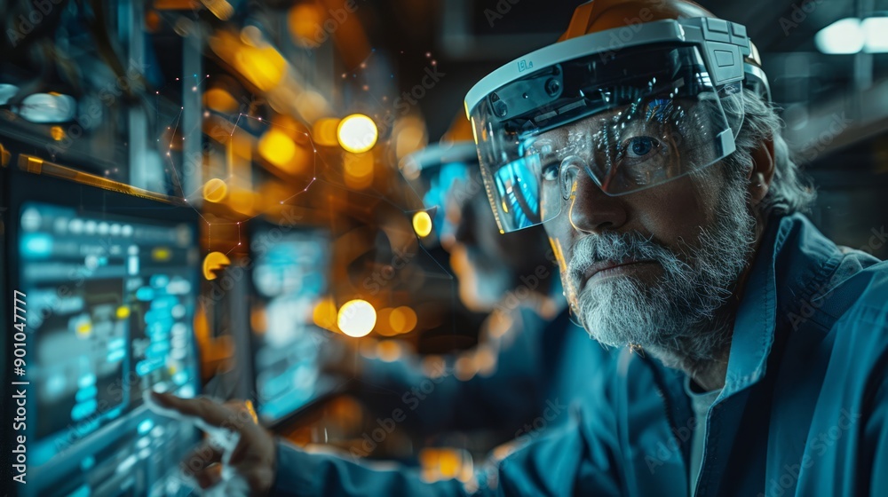 Engineers using AR glasses to design and visualize a new industrial plant, interactive holograms ...