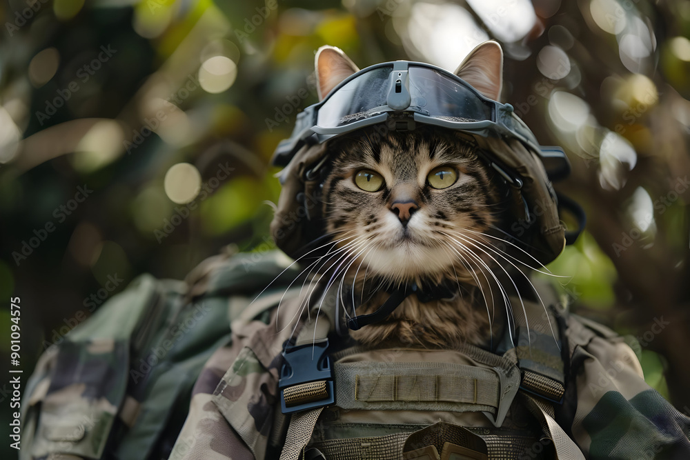 Cat wearing military gear with a helmet, captured outdoors with a ...