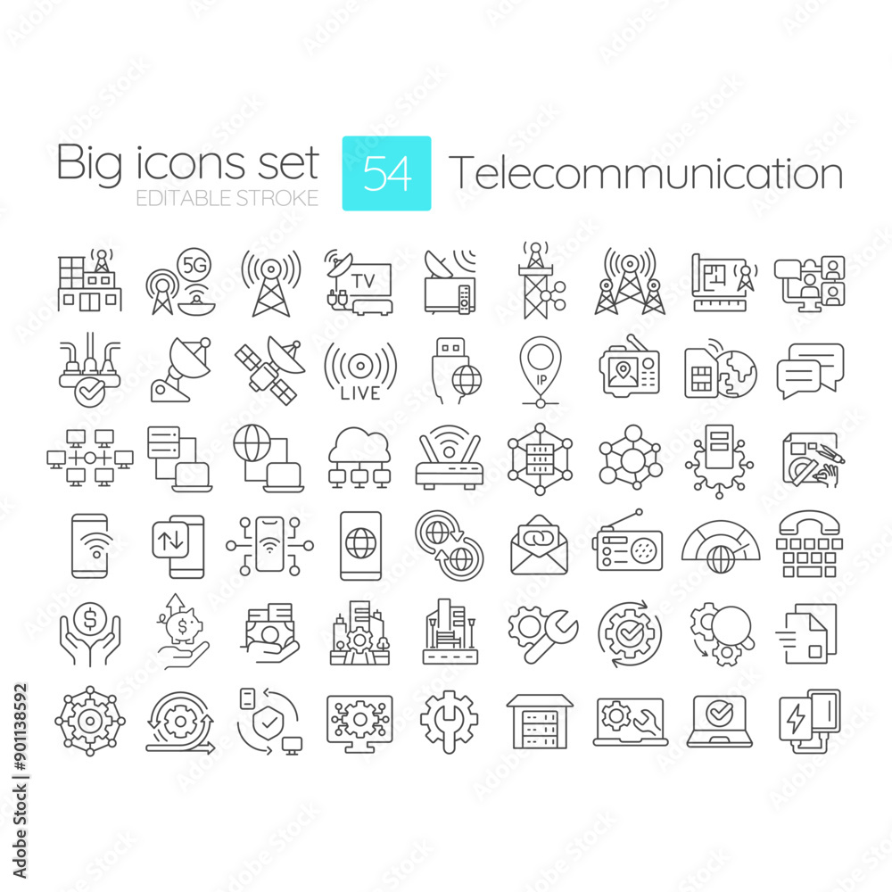 เวกเตอร์ Stock Telecommunication linear icons set. Wired and wireless ...