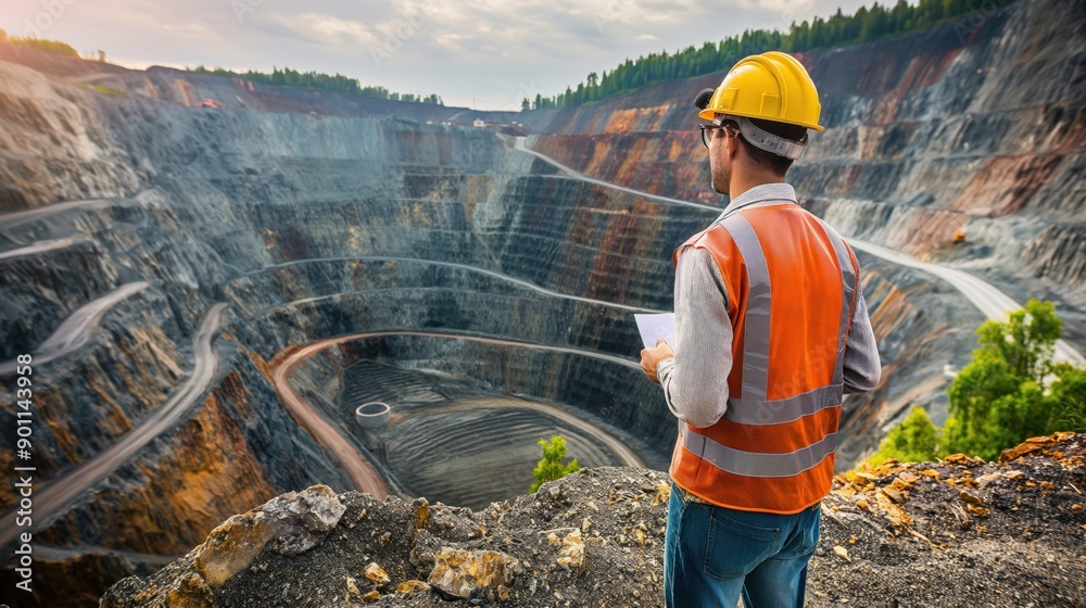 Mining engineer inspecting massive open-pit mine, overseeing the extraction of valuable minerals ...