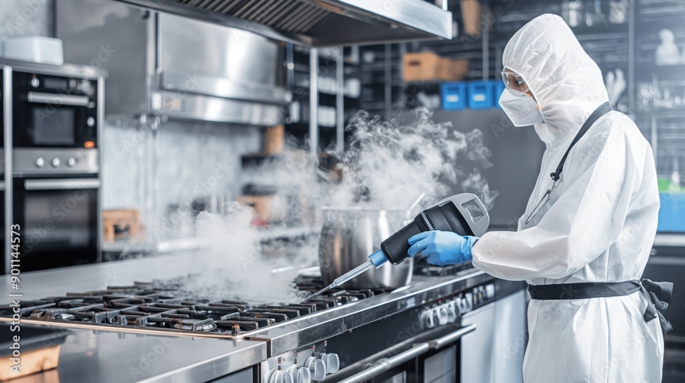 Exterminator treating a commercial kitchen to prevent pest infestations ...