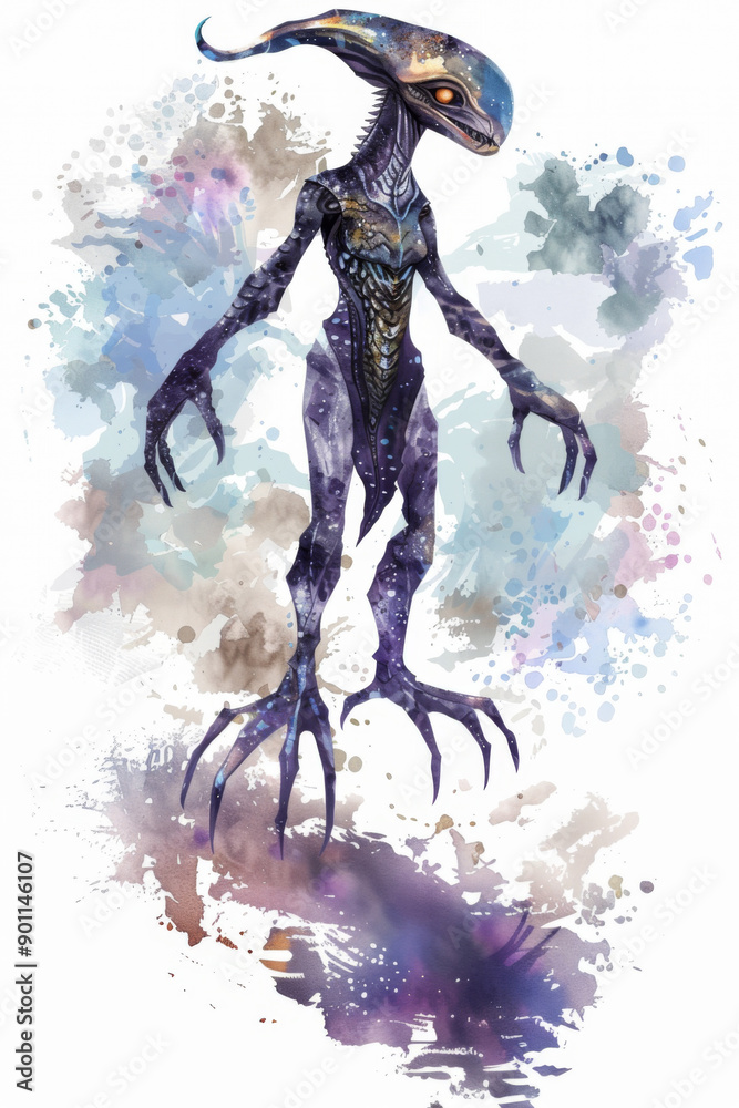 Watercolor clipart realistic evil scary terrifying alien creature Stock ...