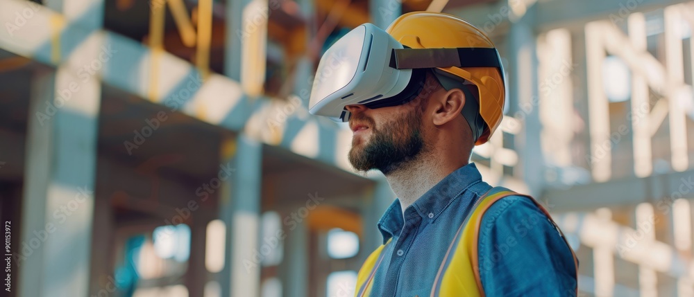 VR technology in use, worker simulating construction tasks ...