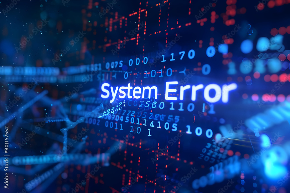 Glowing 'System Error' text with digital data background representing ...