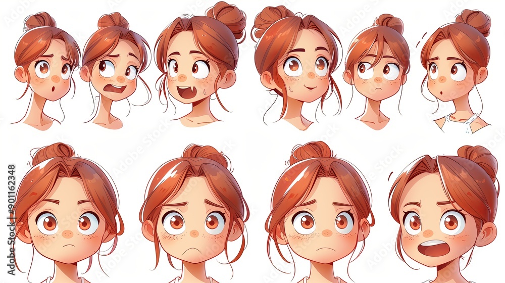 Cute Girl Emoji Sheet with Different Emotions and Dynamic Poses Stock ...