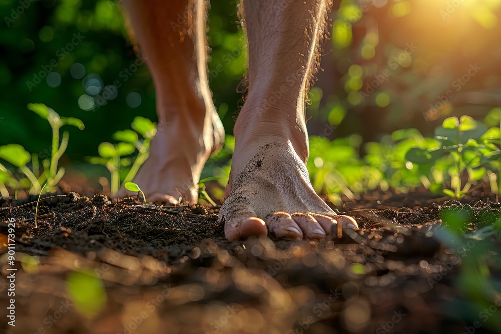 Bare feet on fertile soil amidst young plants, bathed in warm sunlight ...