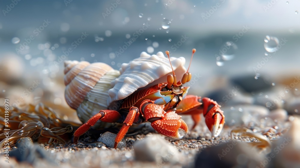 Hermit crab escaping predator on rocky beach, using speed and agility ...