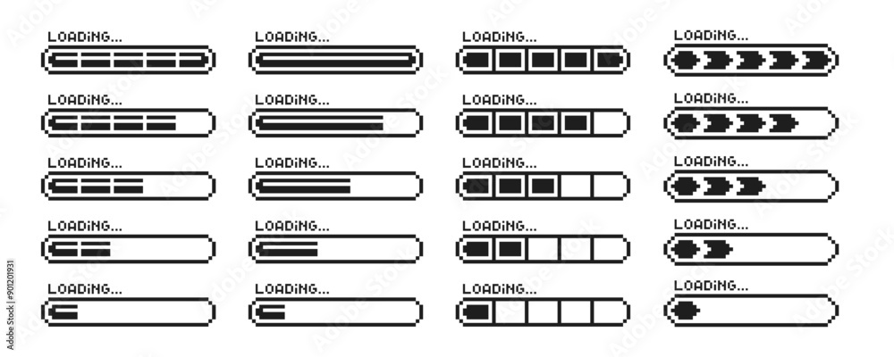 Loading progress bar in 90s style. 8 bit loader process status. Pixel ...