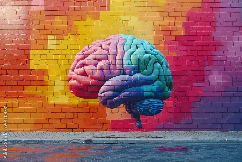 Colorful brain graffiti on a brick wall representing the intersection ...