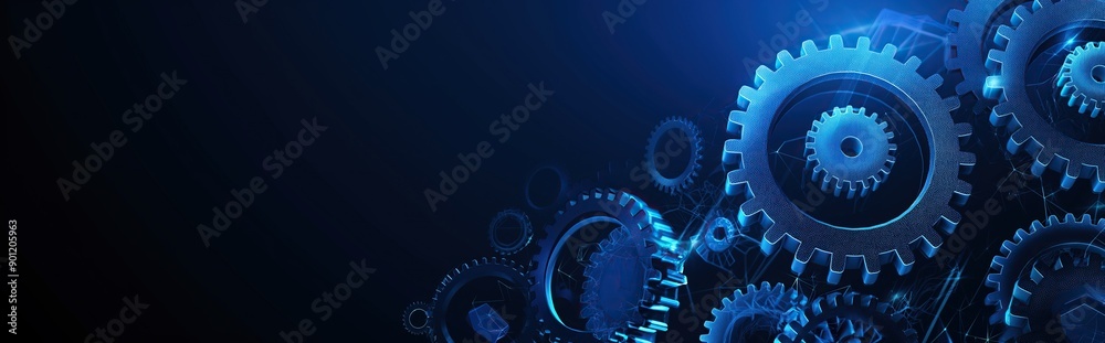 Abstract blue digital technology background with gears and cogs, dark ...
