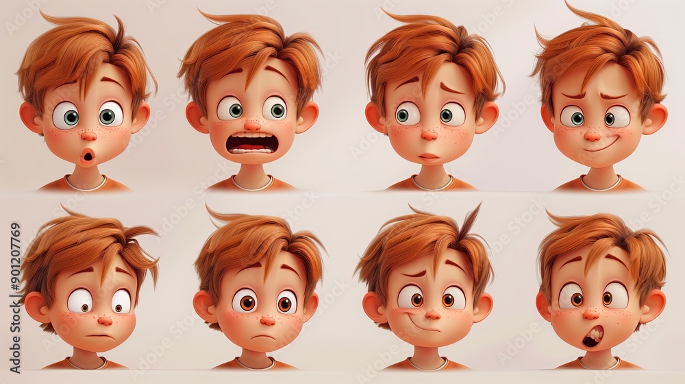Cute Boy Emoji Sheet with Various Emotions and Dynamic Poses Stock ...
