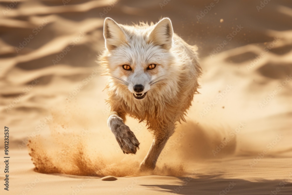 Dynamic image of a fennec fox running towards the camera in a desert ...