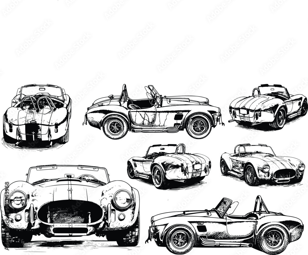 Retro Vintage Car illustration ink sketch, Shelby Cobra set ...