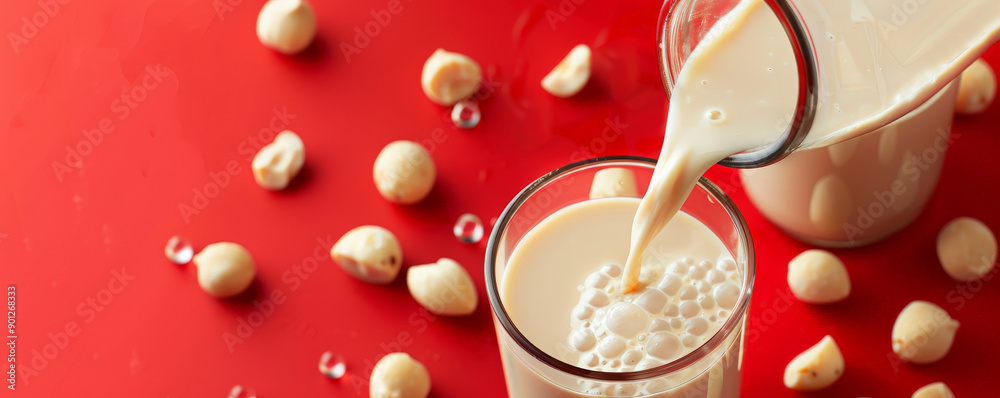 Pouring macadamia milk from a glass bottle into a glass, with macadamia ...
