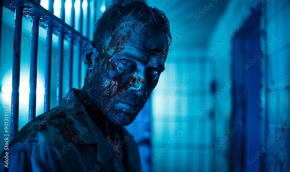 Prisoner stands in prison cell, looks at camera. Criminal serves ...