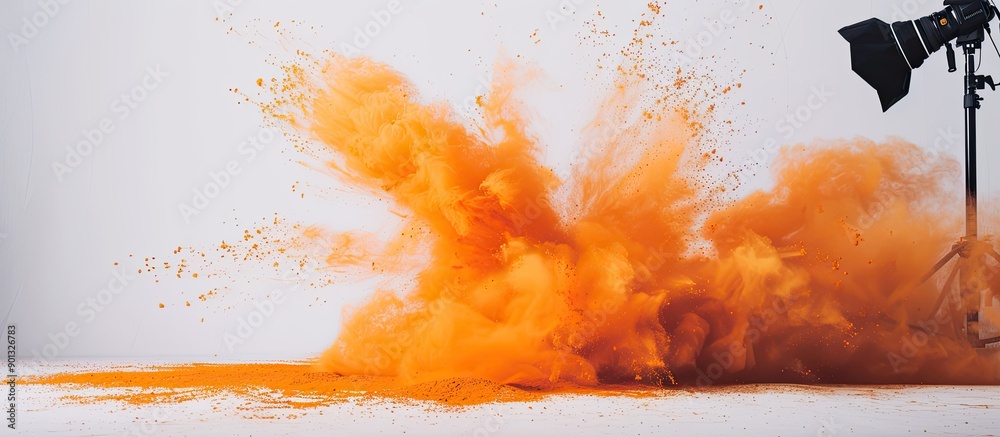 Capture the moment of orange powder burst on a white backdrop in a ...
