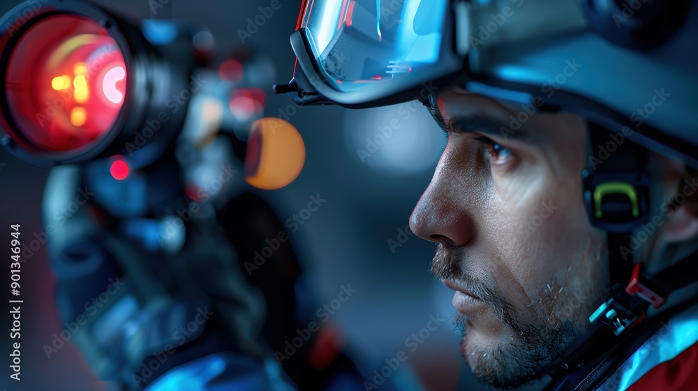 Powerful image of a firefighter directing a thermal imaging camera at a ...
