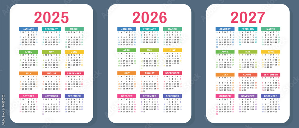 2025, 2026 and 2027 calendar set. Vector pocket calender design. Week starts on Sunday. January ...