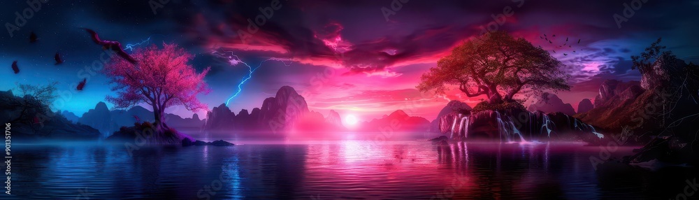 Fantasy landscape with floating islands, waterfalls, and mythical ...