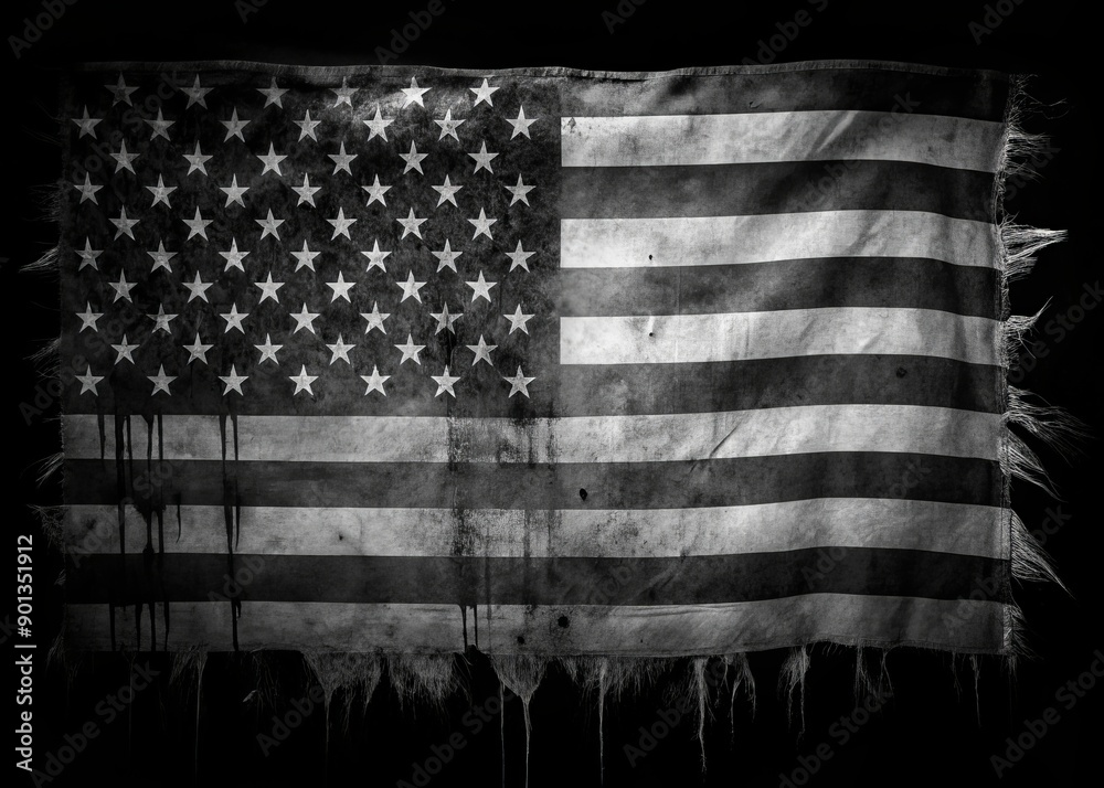 Frayed and worn American flag in black and white, tattered edges ...