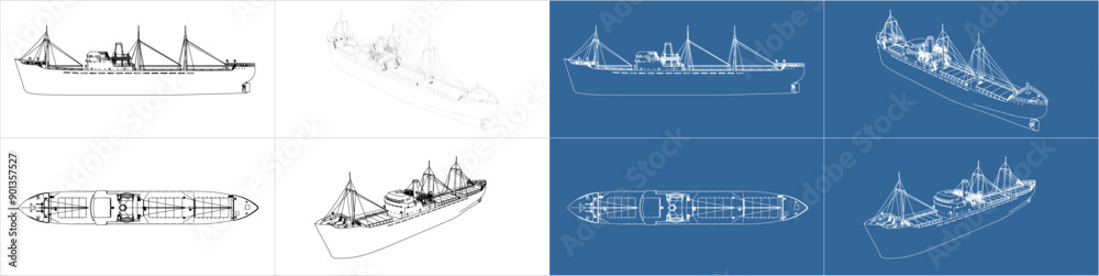 set ship blueprint and wirefreame concept line. vessels for sea travel ...