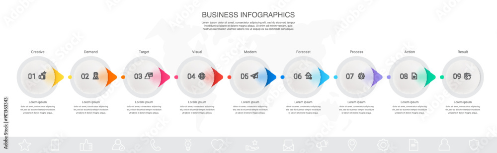 Business vector infographics with 9 circles and arrows. Timeline ...