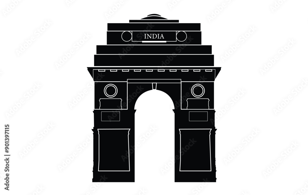 India Gate Detailed Silhouette vector illustration isolated on white ...