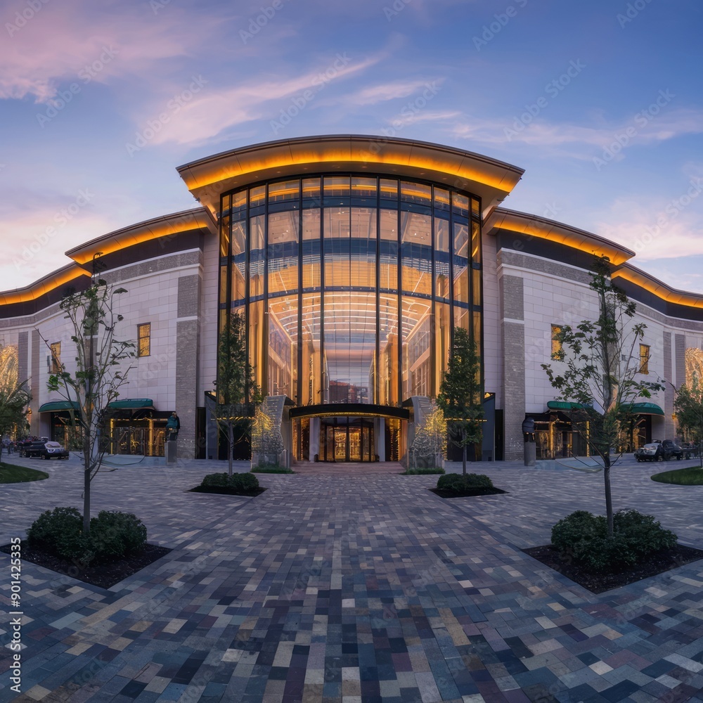 exterior design of a mall, inviting lights. The building is a modern ...