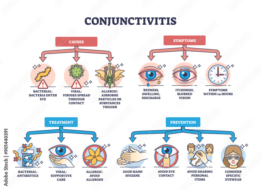 Conjunctivitis or pink eye causes, symptoms, prevention and treatment outline diagram ...