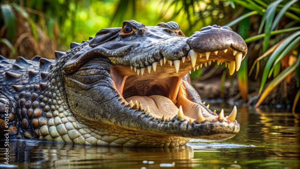 Massive American alligator with powerful jaws and razor-sharp teeth ...