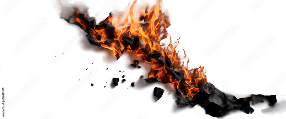 Burnt paper edges with fire and black ash isolate on transparent ...