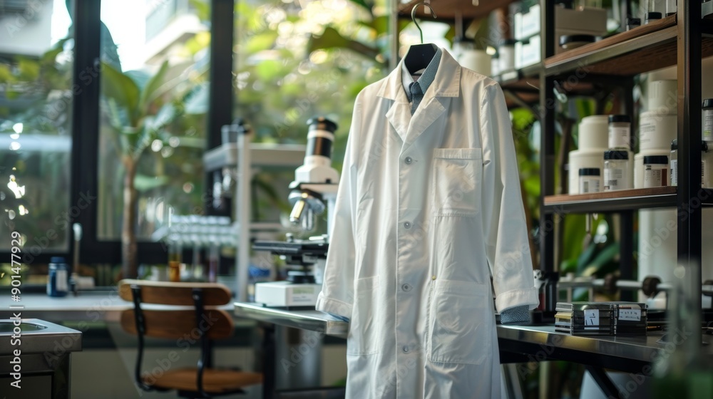 laboratory setup, lab coat hanging on chair in food quality lab ...