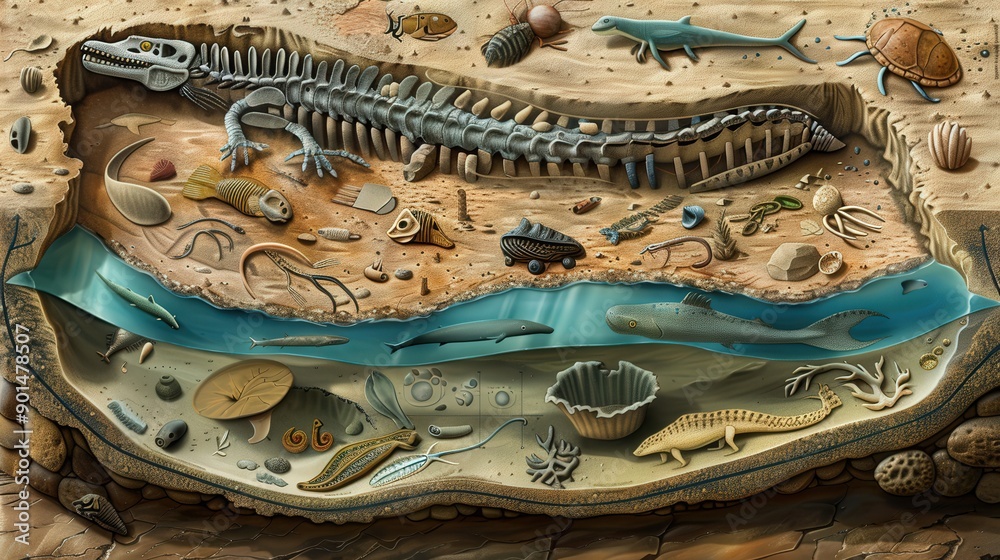 Diagram of a fossilization process, illustrating how organisms become ...