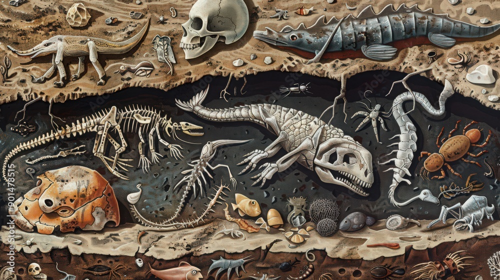 Diagram of a fossilization process, illustrating how organisms become preserved as fossils over ...